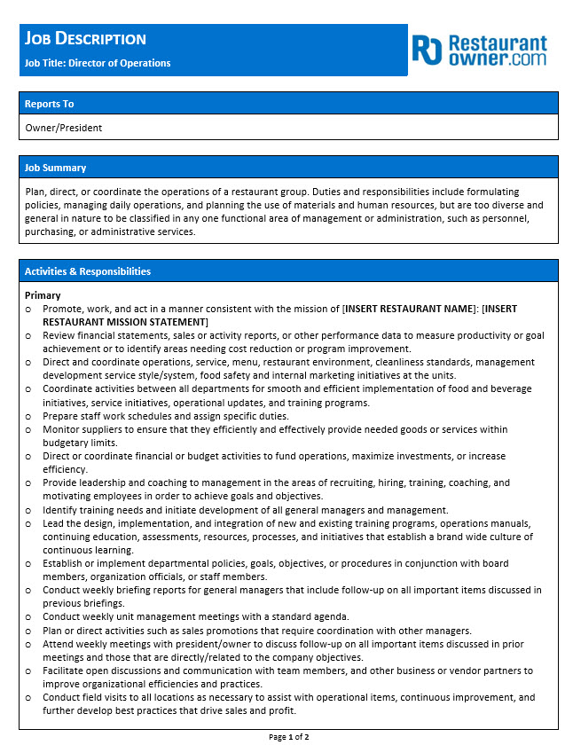 Director Of Operations Job Description Restaurant Business Plans Systems Checklists 