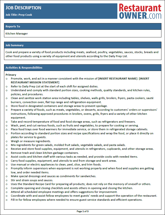 Restaurant Job Descriptions