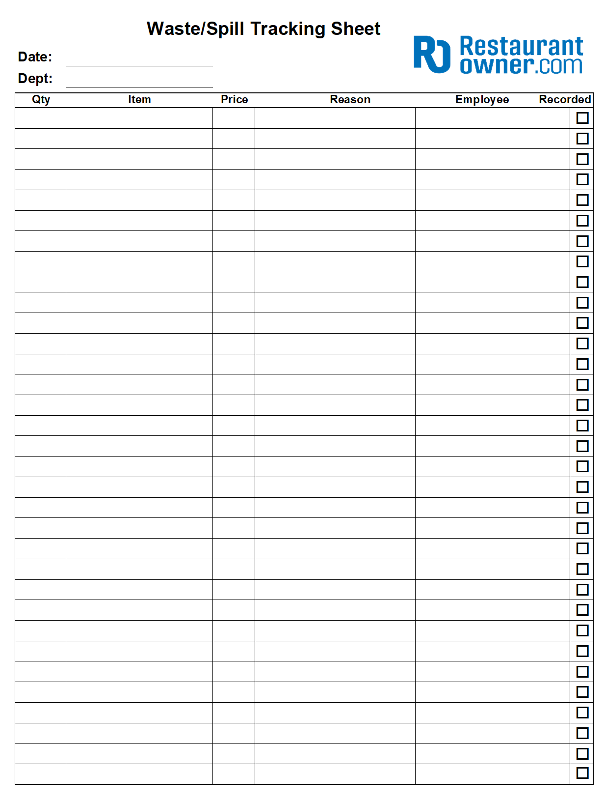 Printable Restaurant Waste Spill Tracking Sheet RestaurantOwner